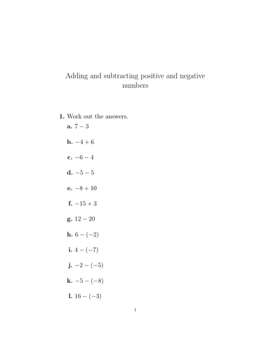 Adding and subtracting positive and negative numbers worksheet no 5 ...