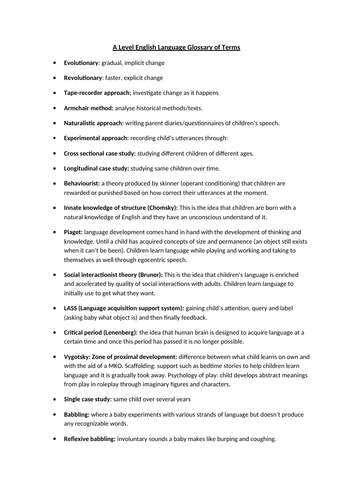 Glossary of terms used in A Level English Language Child Acquisition ... Glossary of terms used in A Level English Language Child Acquisition ...