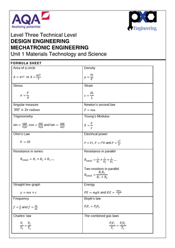 KS5 AQA Design & Mechatronic Engineering Tech Level Unit 1 Materials, Science & Technology Mocks ...