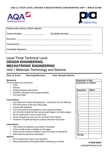 KS5 AQA Design & Mechatronic Engineering Tech Level Unit 1 Materials ...
