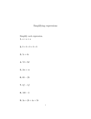 Simplifying expressions by collecting like terms worksheet no 2 (with ...