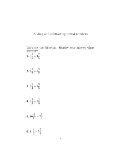 Adding and subtracting mixed numbers worksheet no 2 (with solutions ...