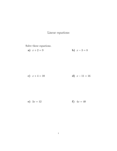 Linear equations (introduction) worksheet (with solutions) | Teaching ...