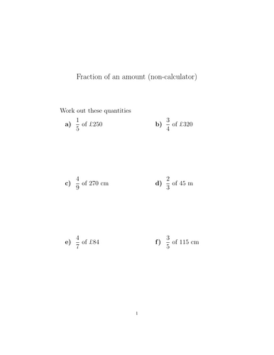 Fraction of an amount worksheet no 2 (with solutions) | Teaching Resources
