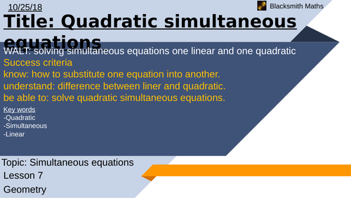 Simultaneous quadratic equations lesson | Teaching Resources
