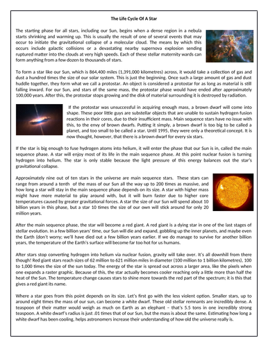 The Life Cycle Of A Star - Reading Comprehension Text | Teaching Resources