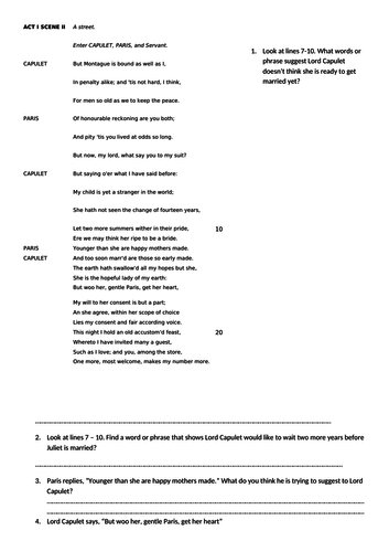 Romeo and Juliet Act 1 Scene 2 | Teaching Resources