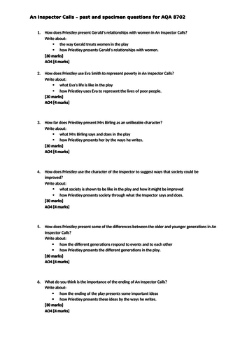 An Inspector Calls - past and specimen papers for AQA 8702 | Teaching ...