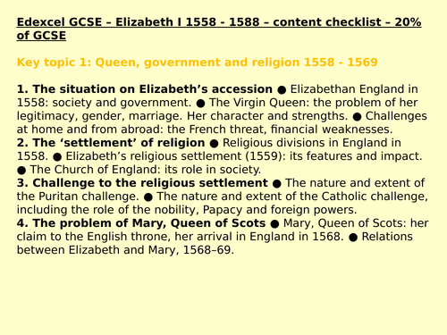 Paper 2 - Elizabeth I - Edexcel GCSE History - In-depth revision slides, checklists, exam Qs ...