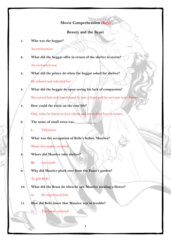 Movie Comprehension worksheet- Beauty and the Beast 2017 with Key ...