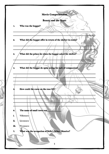Movie Comprehension worksheet- Beauty and the Beast 2017 with Key ...