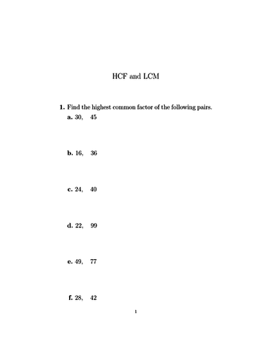 HCF and LCM word problems worksheet (with solutions) | Teaching Resources