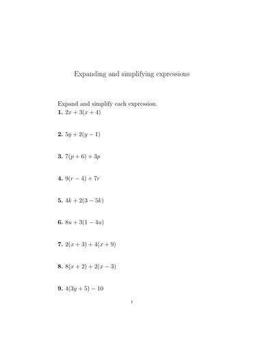 Expanding and simplifying expressions worksheet (with solutions ...