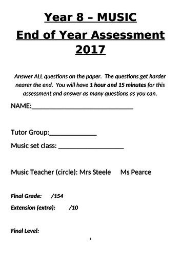 Year 8 End of Year Music Assessment | Teaching Resources
