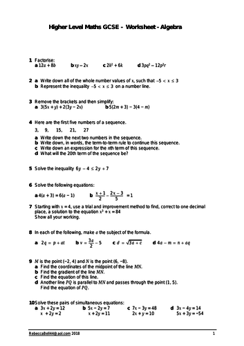 GCSE Mixed Algebra Revision Worksheet | Teaching Resources