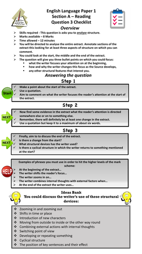 REVISION! AQA English Language Paper 1 Reading Questions Checklists ...