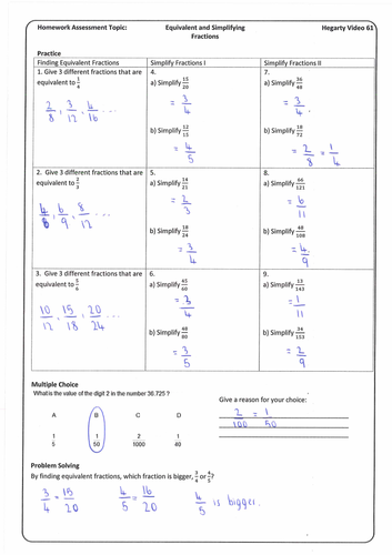Equivalent and Simplifying Fractions Homework with Answers | Teaching ...