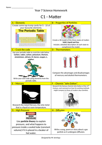 Year 7 Homework - Chemistry Topic 1 - Matter - KS3 | Teaching Resources