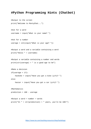 Beginning Python Programming - Chatbot | Teaching Resources Beginning Python Programming - Chatbot | Teaching Resources