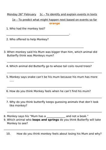 Monkey Puzzle Comprehension KS1 - differentiated | Teaching Resources