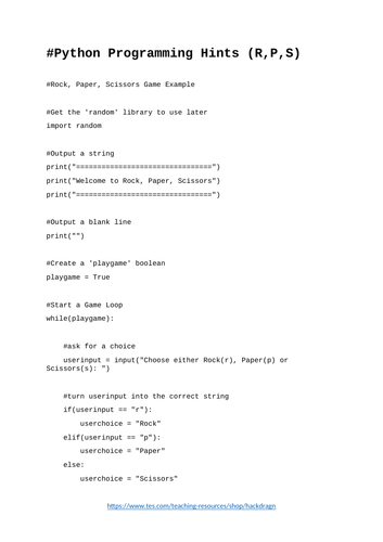 Beginning Python Programming - Rock, Paper, Scissors | Teaching Resources Beginning Python Programming - Rock, Paper, Scissors | Teaching Resources