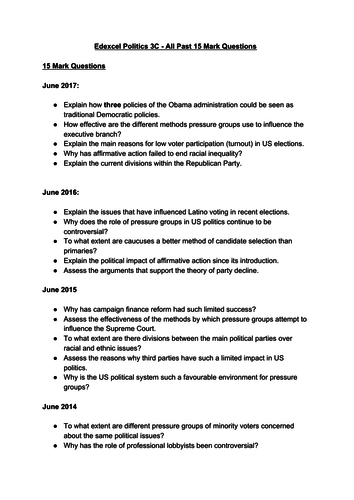 Edexcel Politics 3C - All Past 15 Mark Questions | Teaching Resources