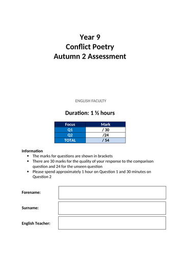 GCSE Poetry Anthology and Unseen poetry example assessment booklet ...