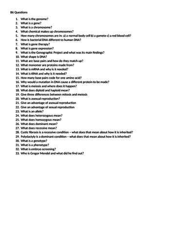 AQA Biology Paper 2 B6 Genetics revision questions | Teaching Resources