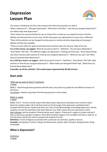 LESSON ON DEPRESSION FOR TEENS- KS3, PSHE, ENGLISH, RE | Teaching Resources