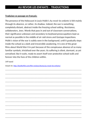 Traduction Au Revoir Les Enfants de Louis Malle - avec corrections et ...