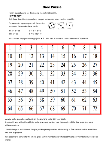 Mental maths dice game | Teaching Resources