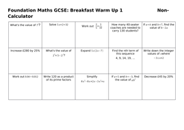 Breakfast GCSE Warm Ups - Non Calculator | Teaching Resources
