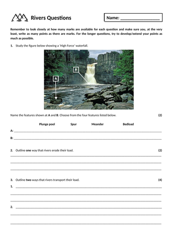 16. River landscapes exam questions homework | Teaching Resources