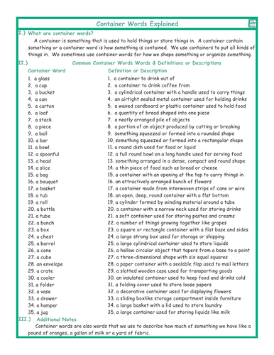 Container Words Explanation-Definition | Teaching Resources