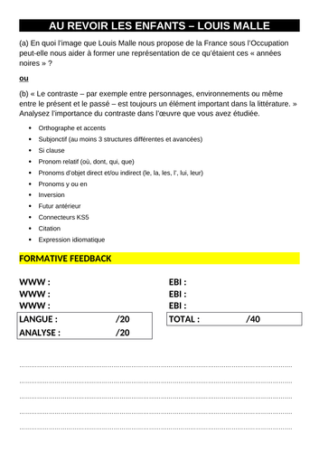 Essay writing assessment pack 1 - Au Revoir Les Enfants - Louis Malle ...