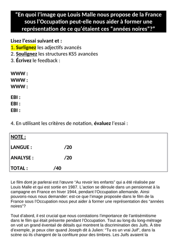Essay writing assessment pack 1 - Au Revoir Les Enfants - Louis Malle | Teaching Resources