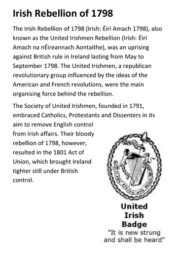 Irish Rebellion of 1798 Handout | Teaching Resources