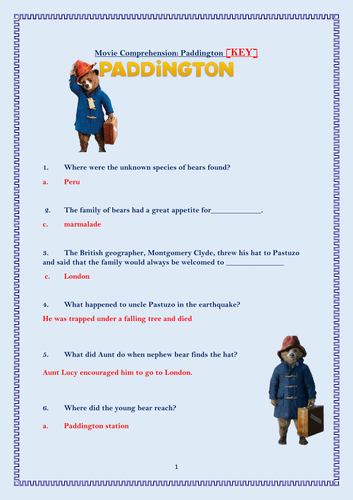 Paddington 1 - Movie comprehension quiz with key | Teaching Resources