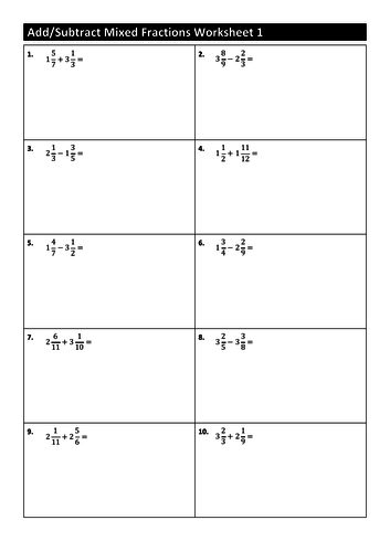 50 Add/Subtract Mixed Fraction Worksheets | Teaching Resources