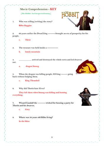 The Hobbit An Unexpected Journey Movie Comprehension Quiz with Key ...
