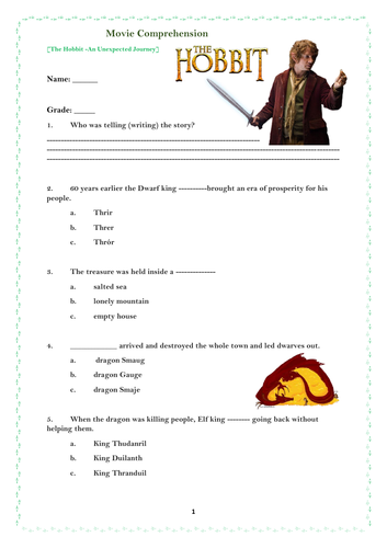 The Hobbit An Unexpected Journey Movie Comprehension Quiz with Key ...