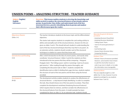Unseen Poetry - Analysing Structure! | Teaching Resources