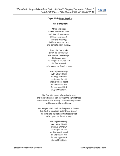 Student Worksheet : Caged Bird by Maya Angelou | Teaching Resources