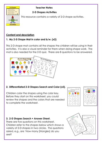 2D Shapes Worksheets /Activities - 2D Shape Mat, Count Trace Color ...