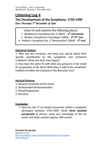 Listening Logs - The Development of the Symphony (1750-1900) | Teaching ...
