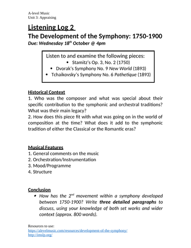 Listening Logs - The Development of the Symphony (1750-1900) | Teaching ...
