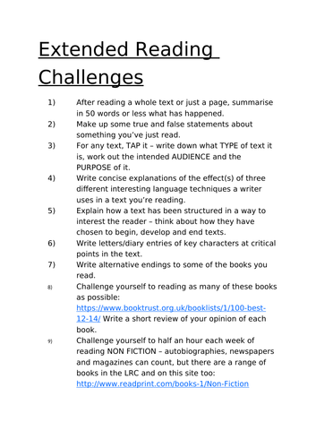 A variety of KS3 reading and writing challenges | Teaching Resources