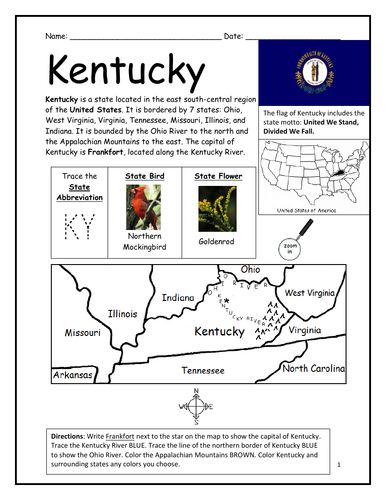 Kentucky - Printable handout with map and flag | Teaching Resources