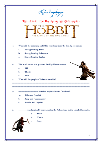 Movie The Hobbit: The Battle of the Five Armies Comprehension / Quiz ...