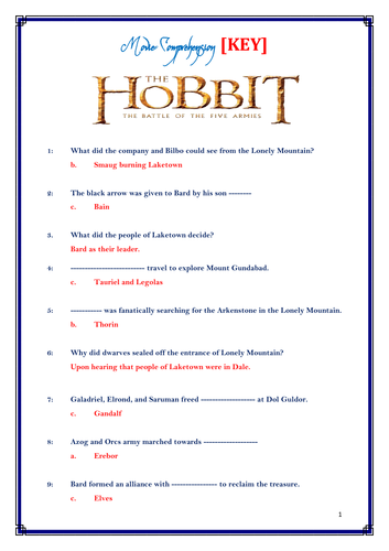 Movie The Hobbit: The Battle of the Five Armies Comprehension / Quiz ...